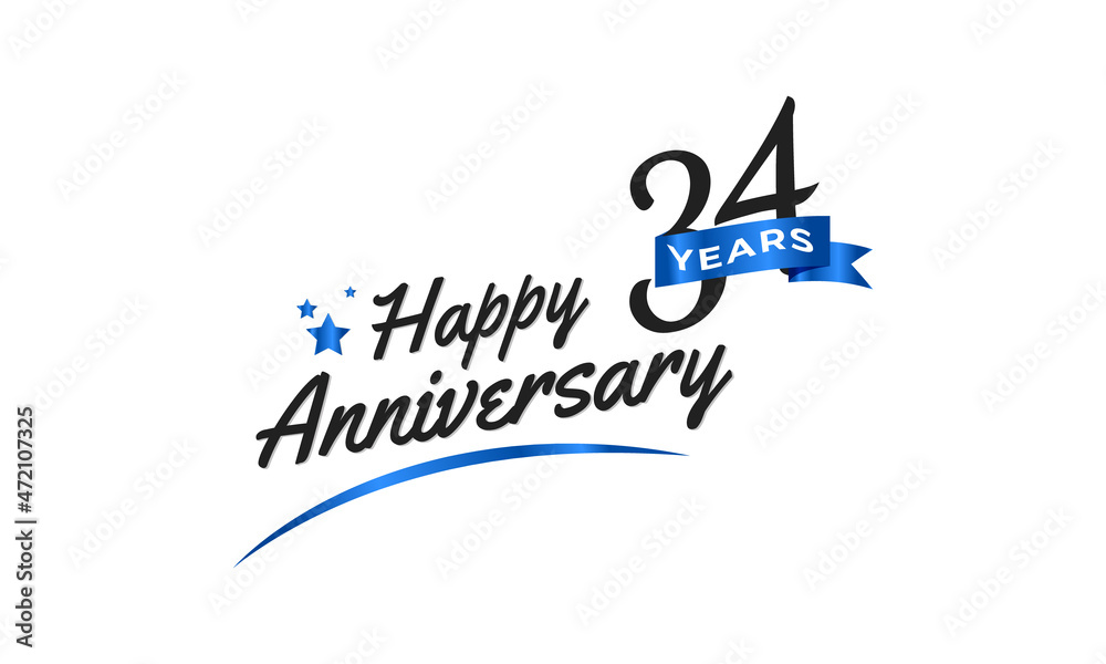 34 Year Anniversary Celebration with Blue Swoosh and Blue Ribbon Symbol ...