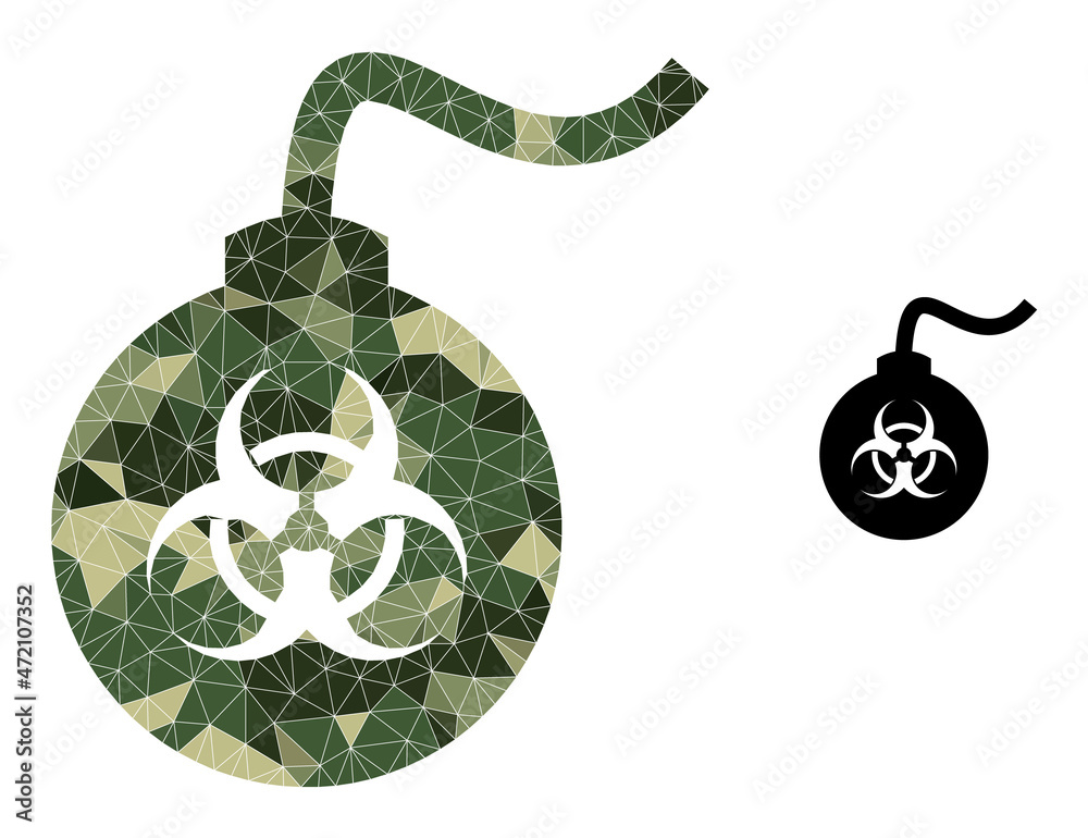 Camouflage lowpoly mosaic biohazard bomb icon. Lowpoly biohazard bomb ...