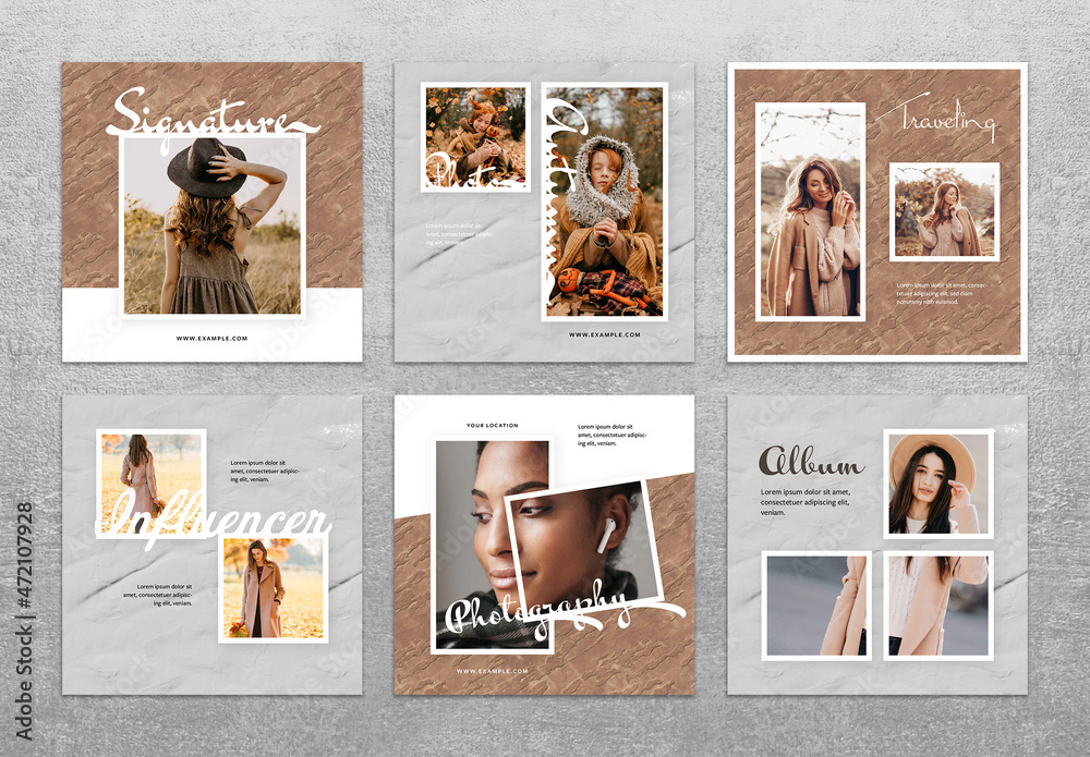 Autumn Social Post Layout with White Photo Frames Stock Template ...