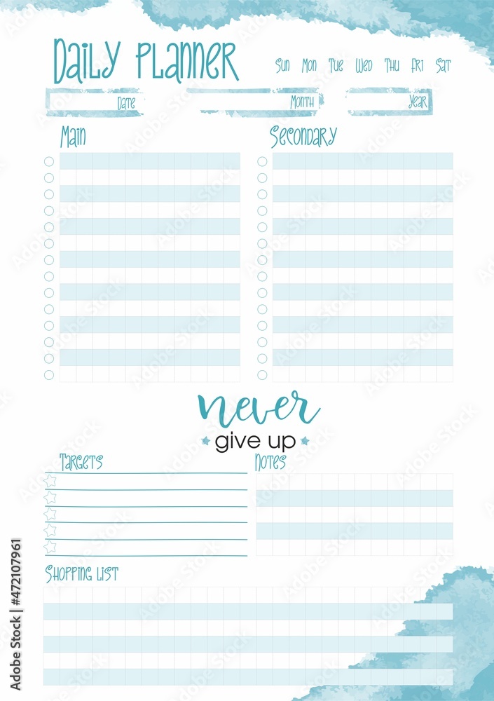 Daily planner printable template Vector. Blank white notebook page A5 ...