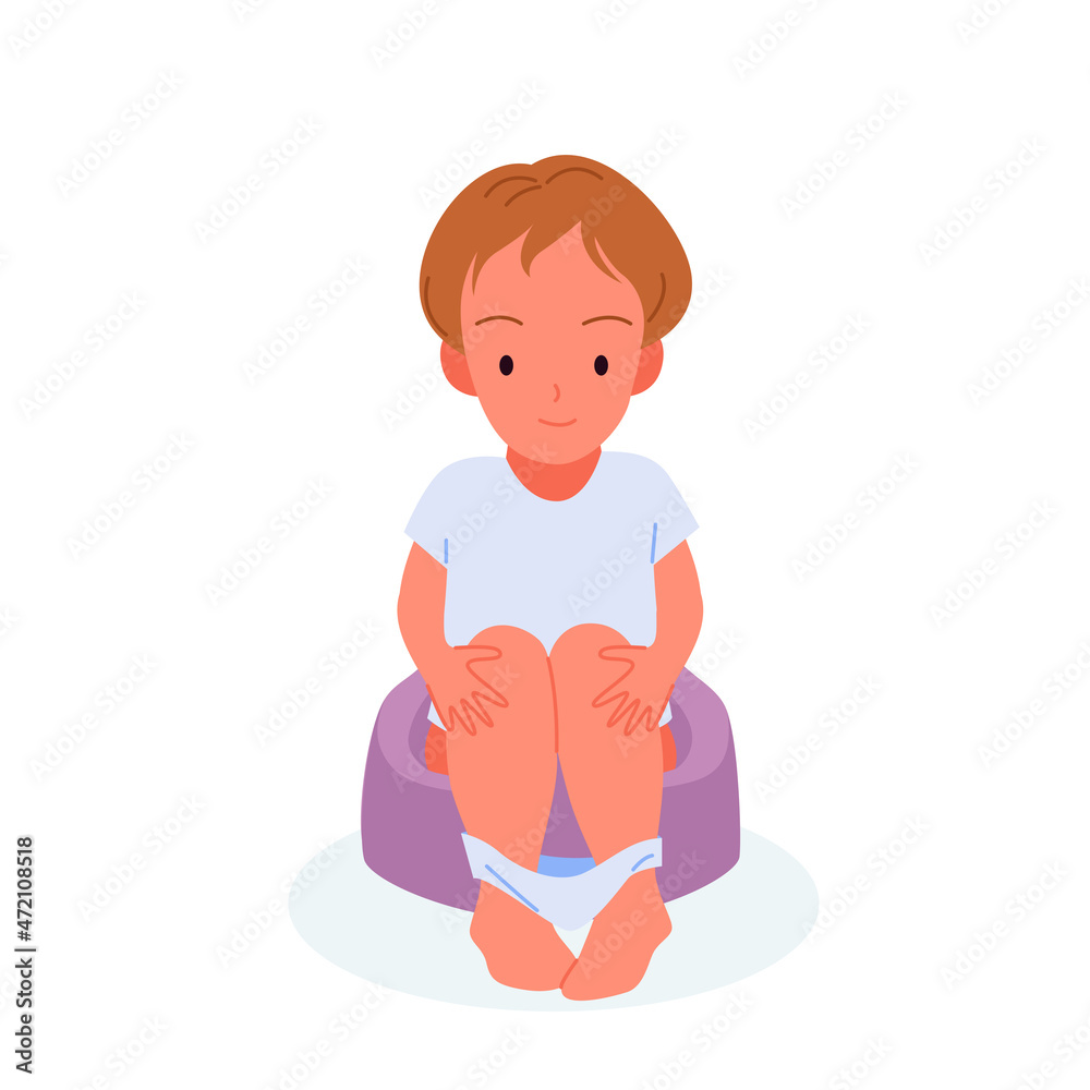 Baby boy sitting on potty vector illustration. Cartoon child with cute ...