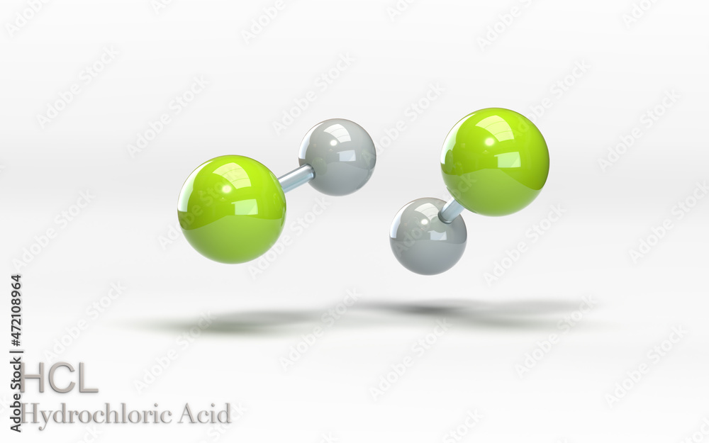 HCL hydrochloric acid. Molecule with hydrogen and chlorine atoms. 3d ...