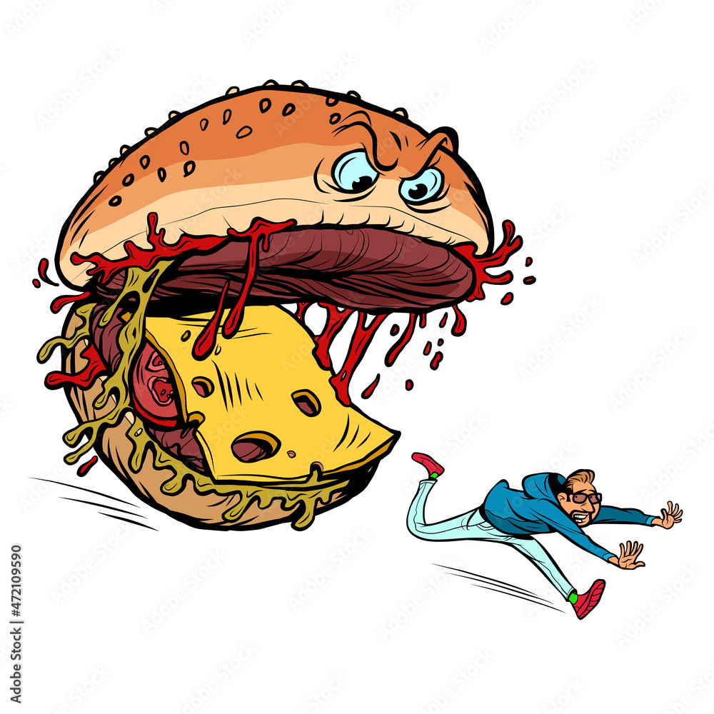 Cheeseburger monster character eats a human. Dangerous fast food. Food ...