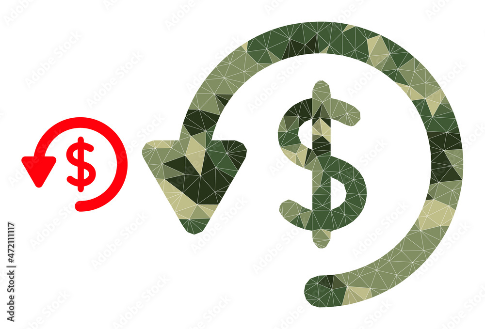 Camouflage low-poly collage refund icon. Low-poly refund pictogram is ...