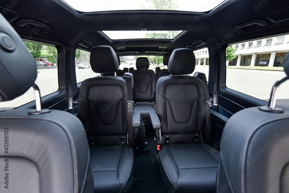 Mercedes-Benz EQV. Seven-seater luxury electric car. Cabin interior. 06 ...