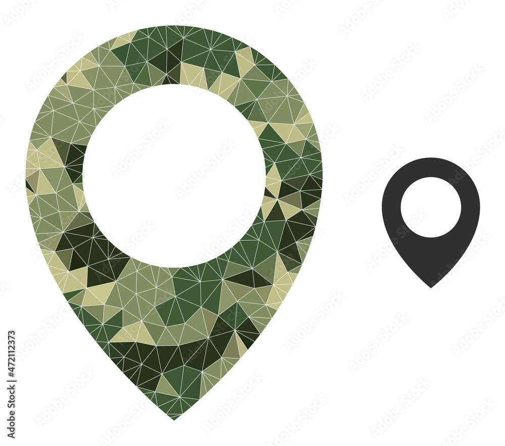 Camouflage low-poly mosaic map pointer icon. Low-poly map pointer pictogram is constructed with ...