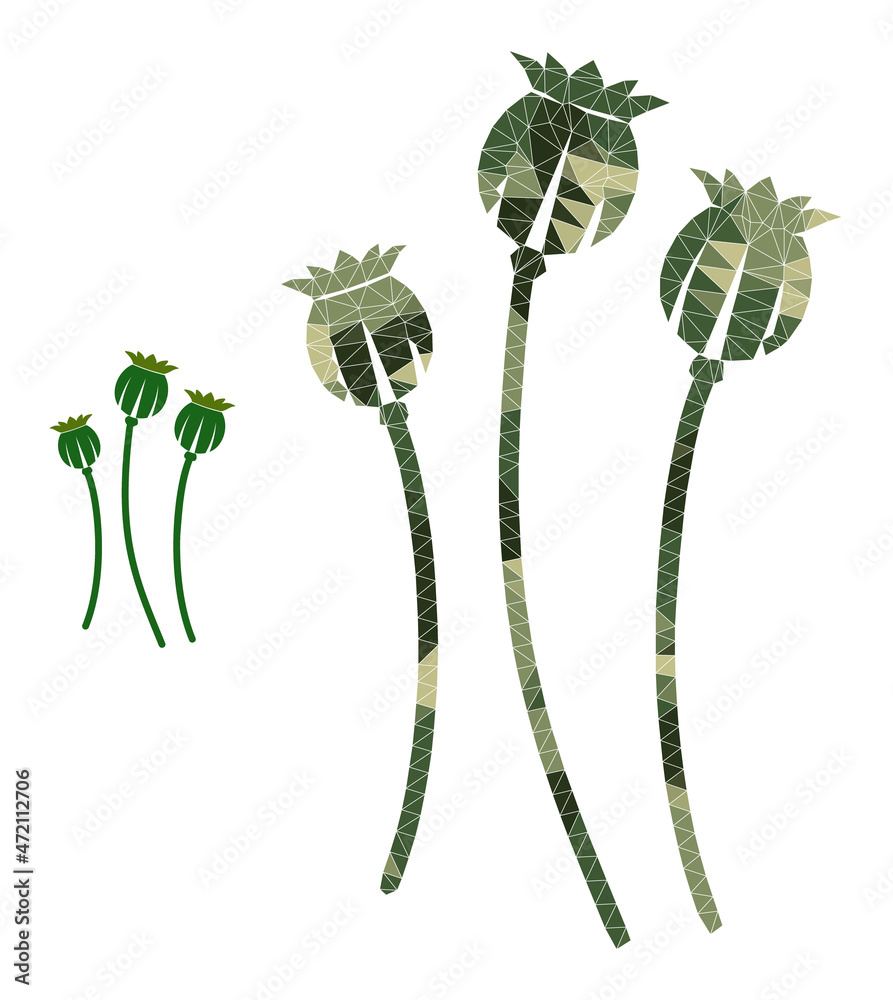 Camouflage triangle collage poppy plants icon. Lowpoly poppy plants ...