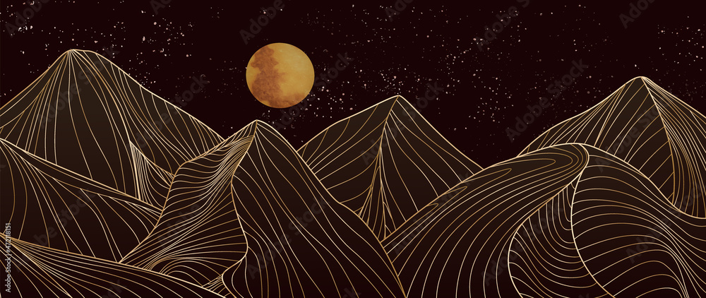 Art linear background with landscape mountains and moon. Abstract ...