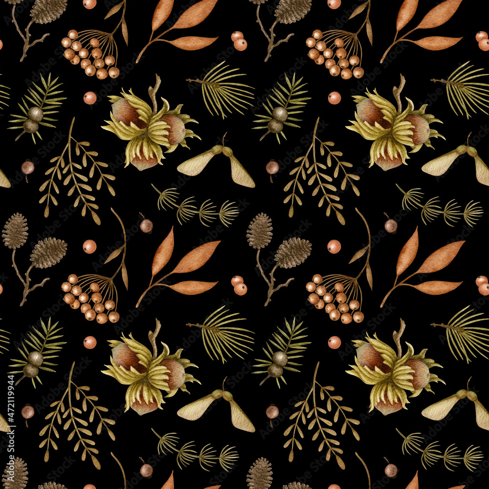 Watercolor realistic Forest Plant seamless pattern. Autumn leaves, Tree ...