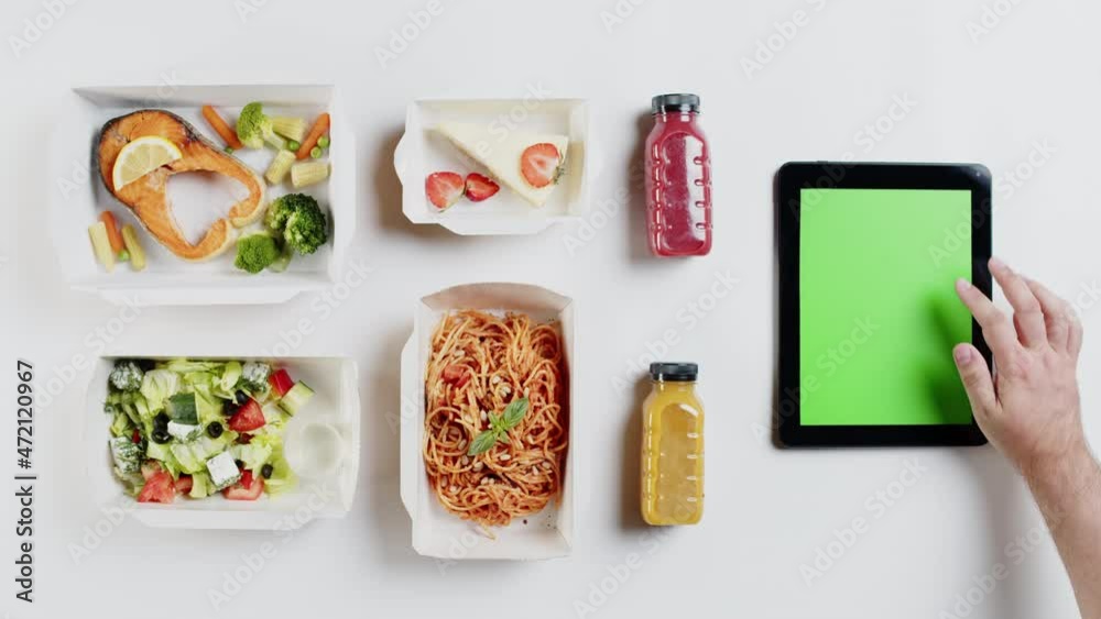Food delivery app top view, take away meals in disposable containers on ...