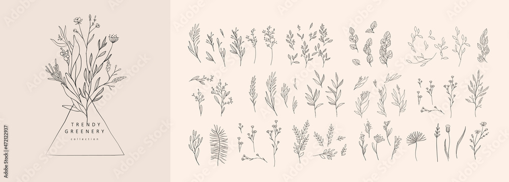 Floral branch and minimalist flowers for logo or tattoo. Hand drawn ...