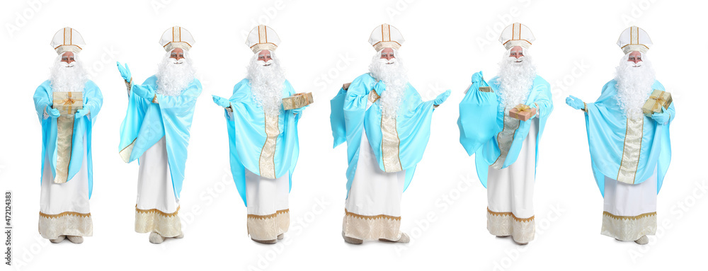 Collage with photos of Saint Nicholas on white background. Banner ...