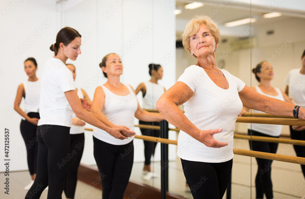 Dancing women engaged in classical ballet at a group training session ...