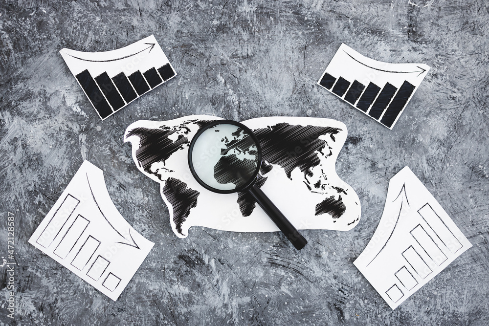 financial markets or money and investments, world map symbol of global ...