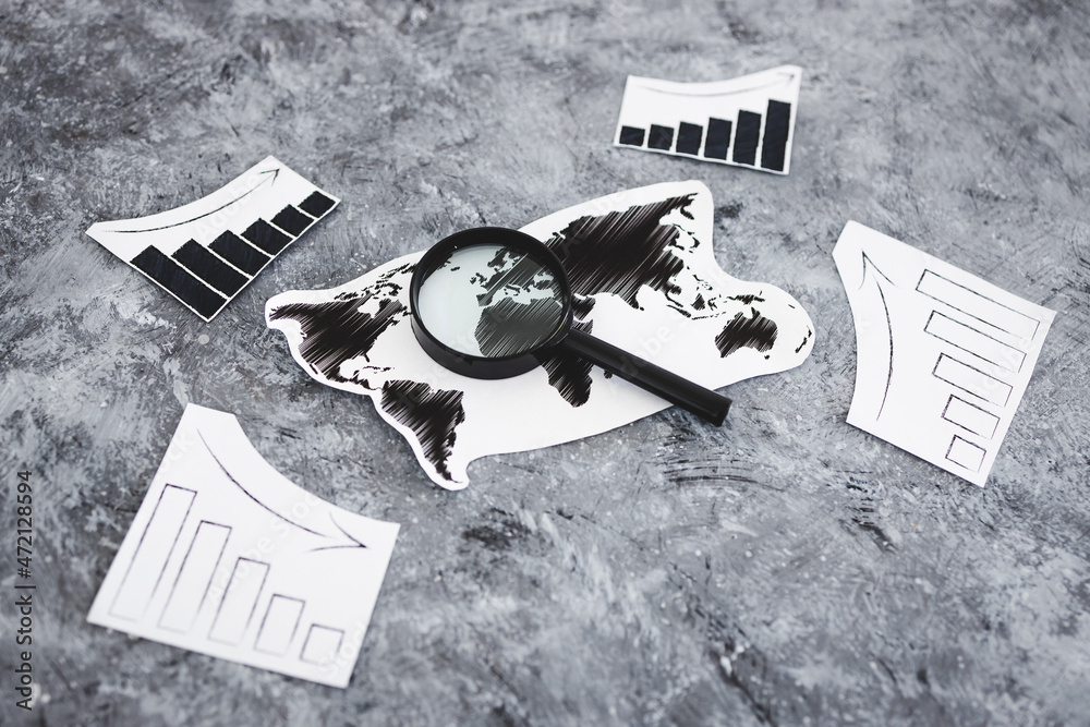 financial markets or money and investments, world map symbol of global ...