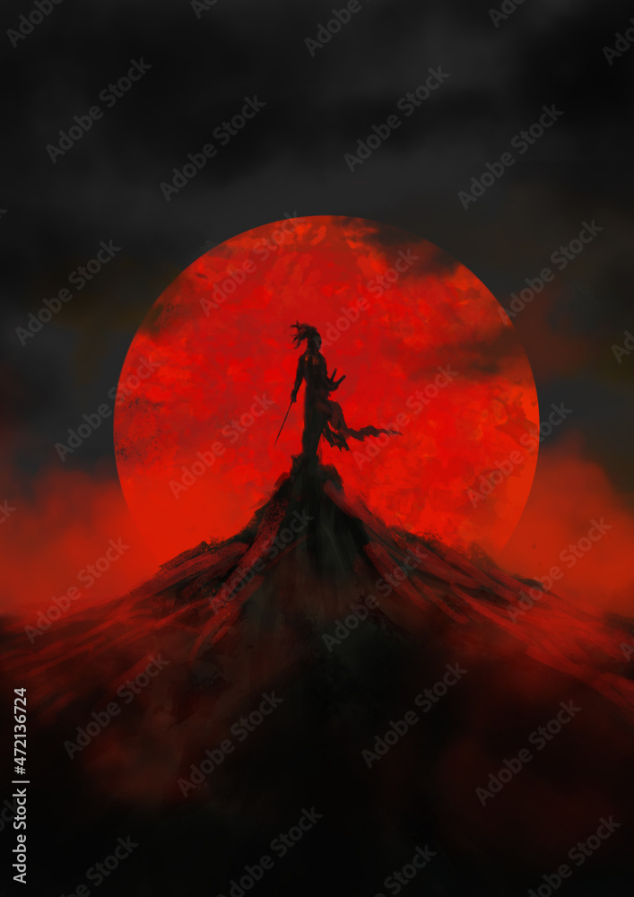 A lone ninja stands on a mountain at night, against the backdrop of a ...