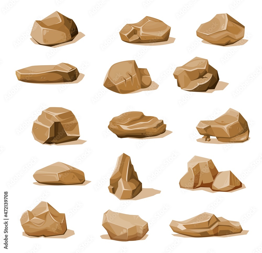 Cartoon brown rock stones and boulders. Rubble, gravel or cobble vector ...