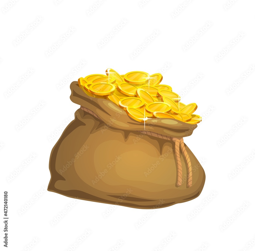 Cartoon treasure bag with gold coins. Vector isolated money bag, old ...