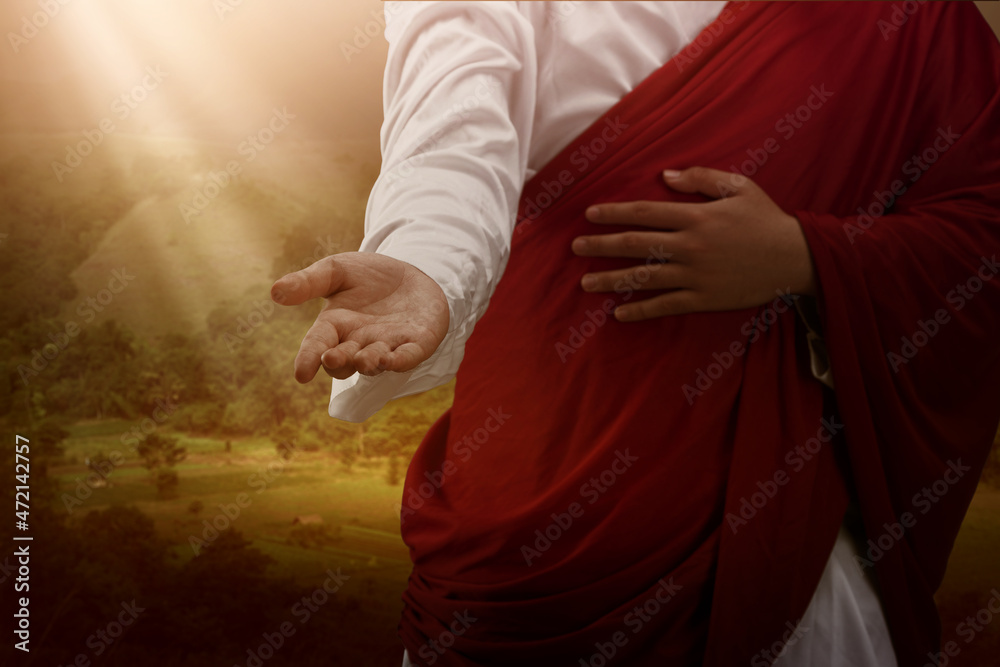 Jesus Christ with open palm giving helping hand Stock Photo | Adobe Stock