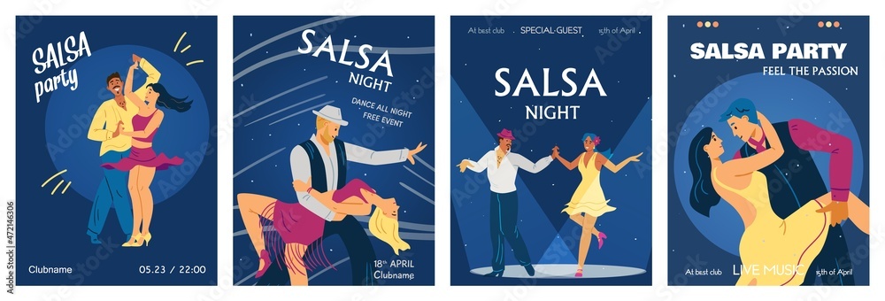 Salsa dance party and night banners or posters bundle flat vector ...