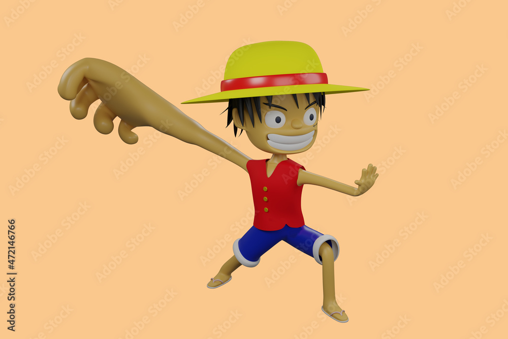 3D illustration of Luffy's anime character ready to punch. Wearing a ...