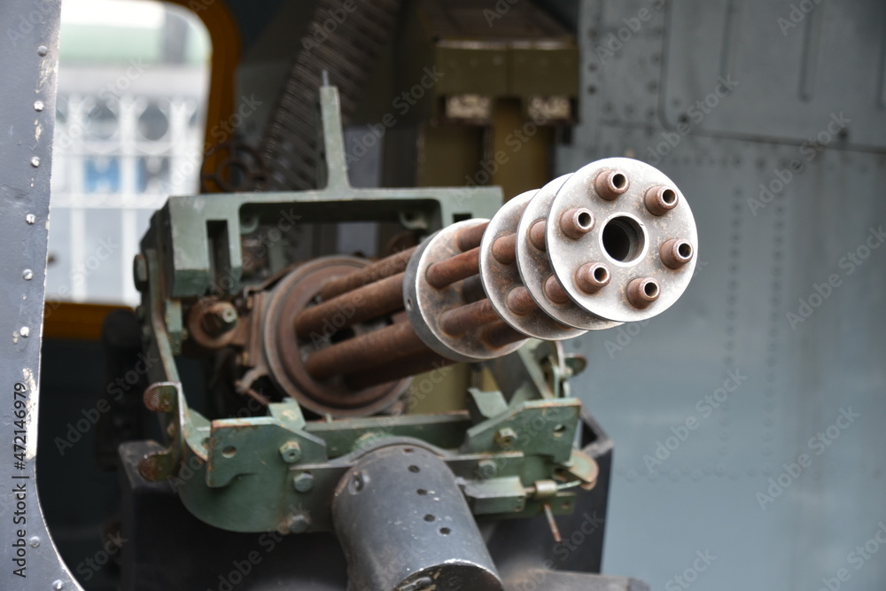 Six Barrel Vietnam-Era Automatic Machine Gun in Military Helicopter ...