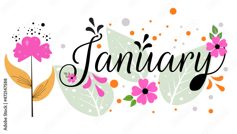 January month vector with flowers and leaves, text hand lettering ...
