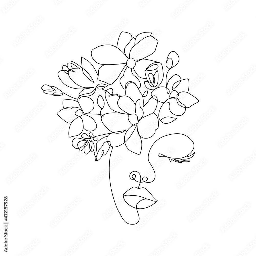 Female Floral Head Line Art Drawing. Flower Head Woman Line Drawing for ...
