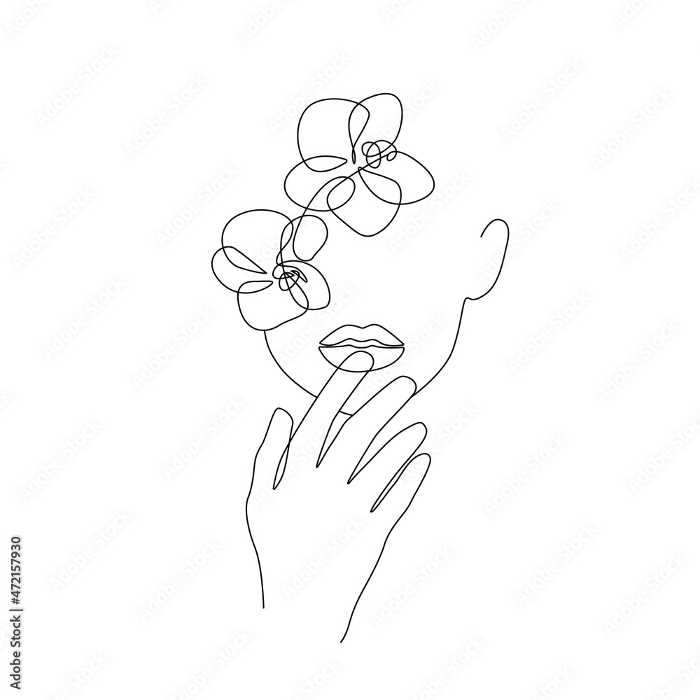 Female Floral Head Line Art Drawing. Flower Head Woman Line Drawing for ...