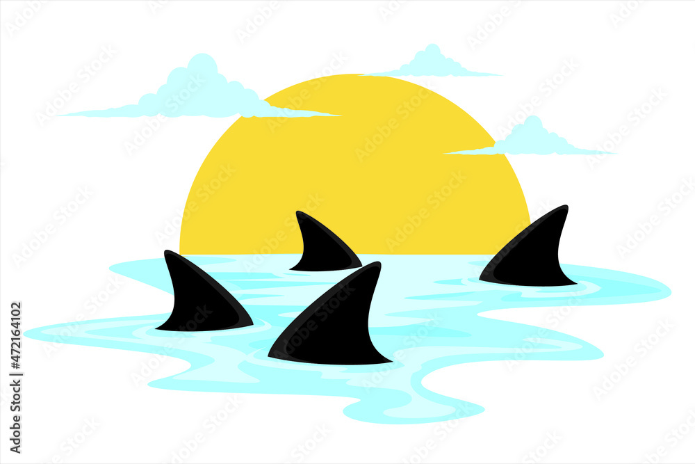 Shark silhouette at sunset. Natural view at sunset with shark fin ...