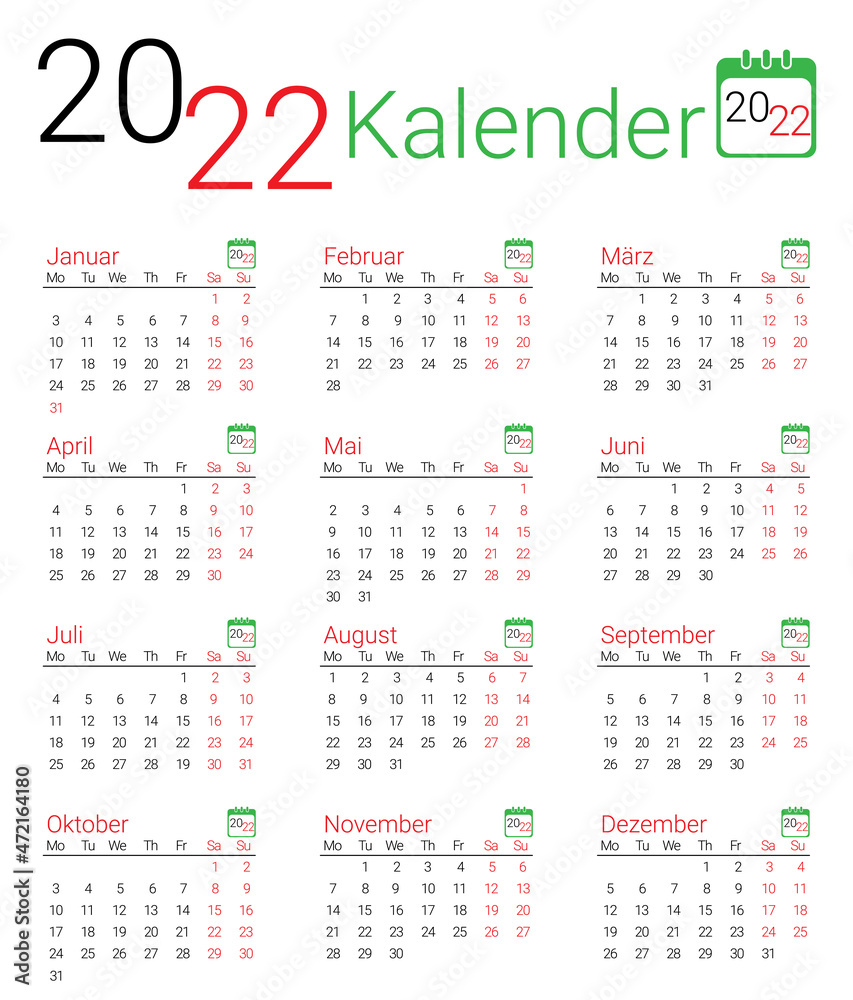 Deutscher Kalender. Simple calendar template in german for 2022 years ...