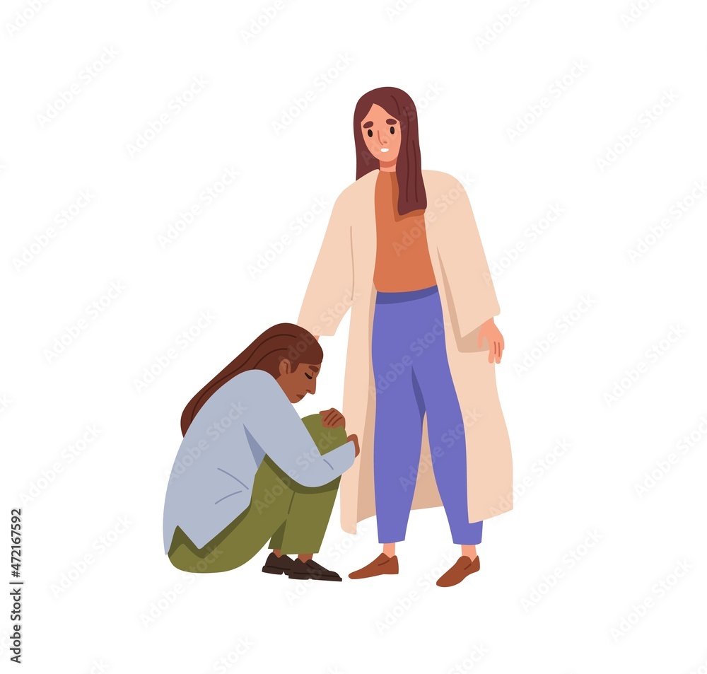 Woman supporting and consoling sad depressed person. Empathy, sympathy ...