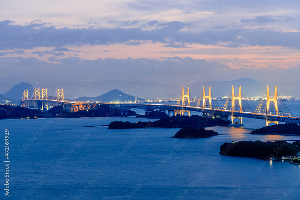 鷲羽山展望台から見た瀬戸大橋 ライトアップ 岡山県倉敷市 Seto Ohashi seen from Washuzan Observatory ...