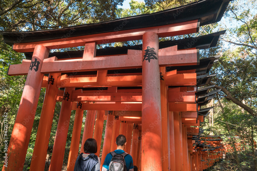 Looking up view of the Torii gates at Fushimi Inari Shinto shrine, a ...