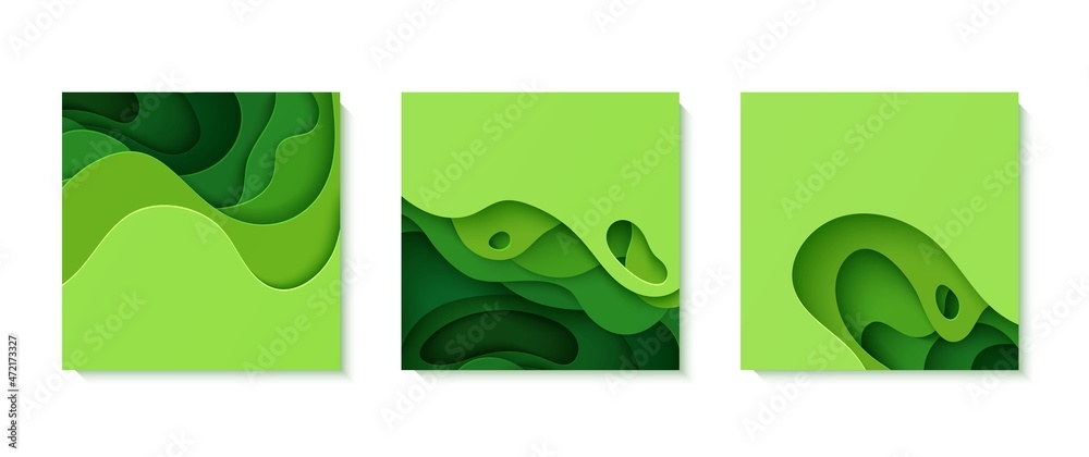 Set of green abstract background in paper cut style. 3d layout ...