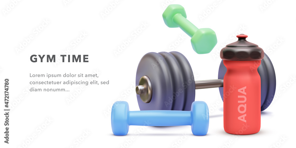 Online workout banner concept with 3d realistic dumbbells isolated on ...