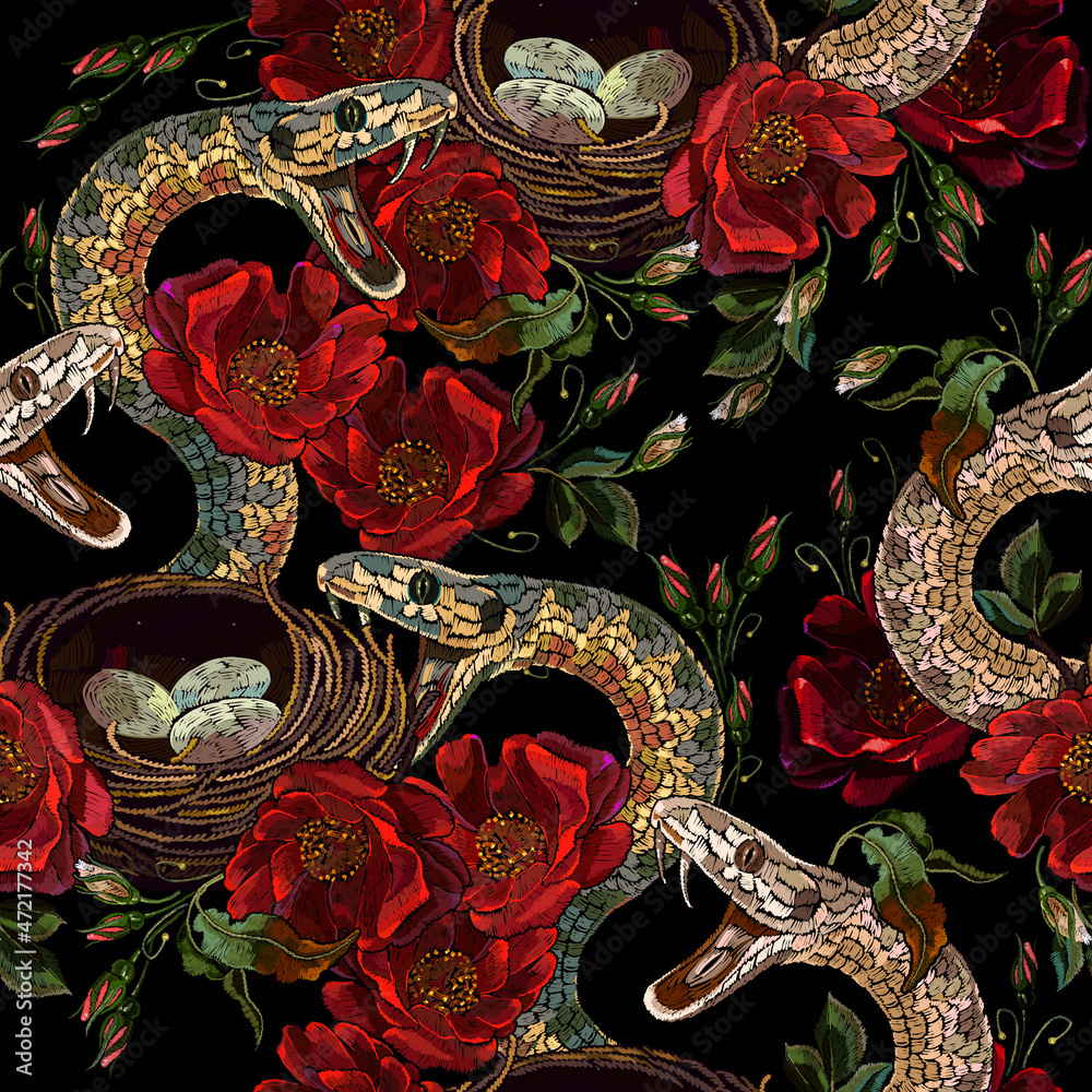 Embroidery snake, bird nest and red roses flowers. Dark gothic ...