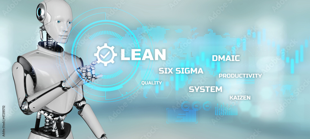 Lean manufacturing development concept. Robot pressing button on screen ...