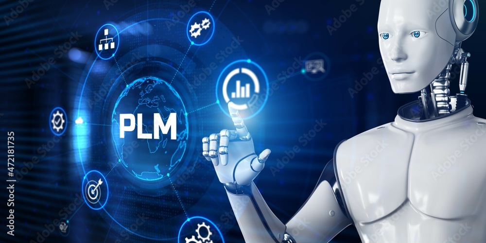 PLM Product lifecycle management. Robot pressing virtual button 3d ...