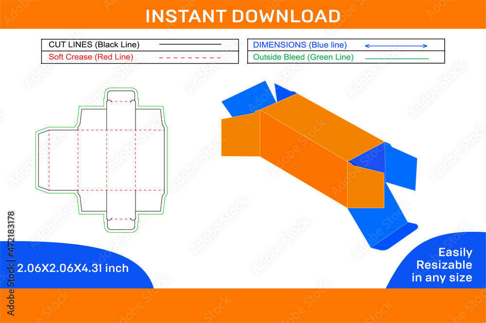 Straight tuck end folding box, Dieline template and 3D box editable ...
