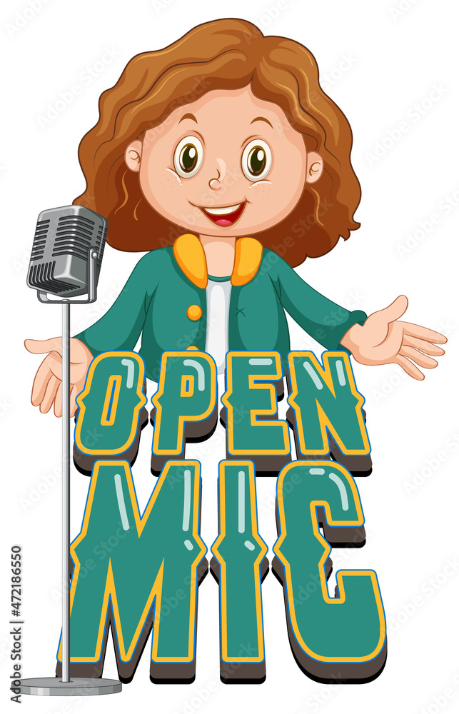 Open mic logo design with singer girl cartoon character Stock Vector ...