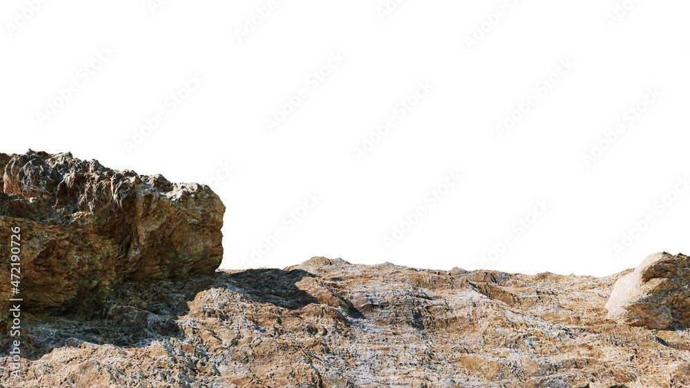 rocky ground with boulder isolated on white background, edge of the ...