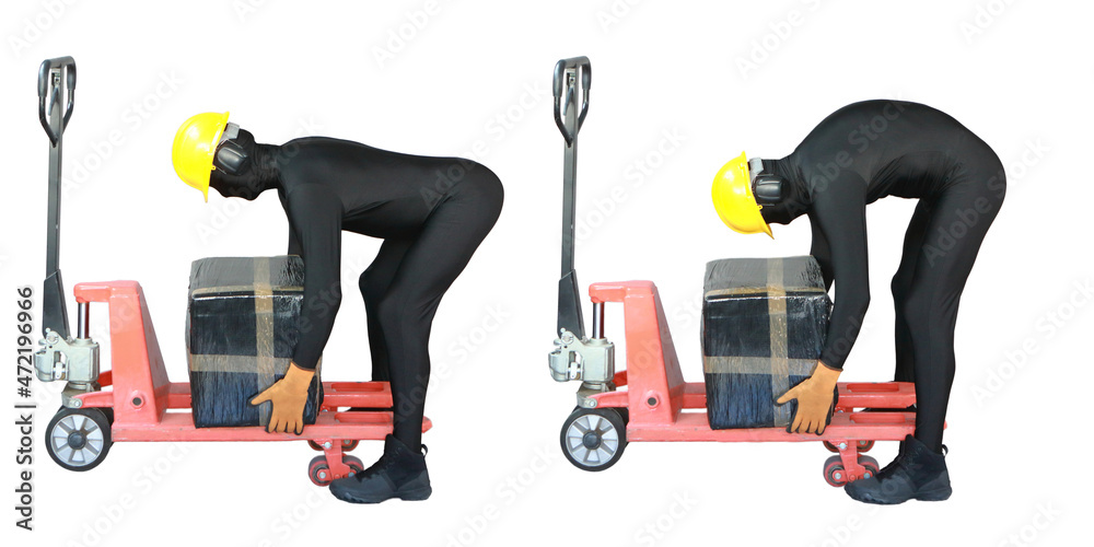 Profile view of anonymous worker lifting heavy package at manual pallet ...