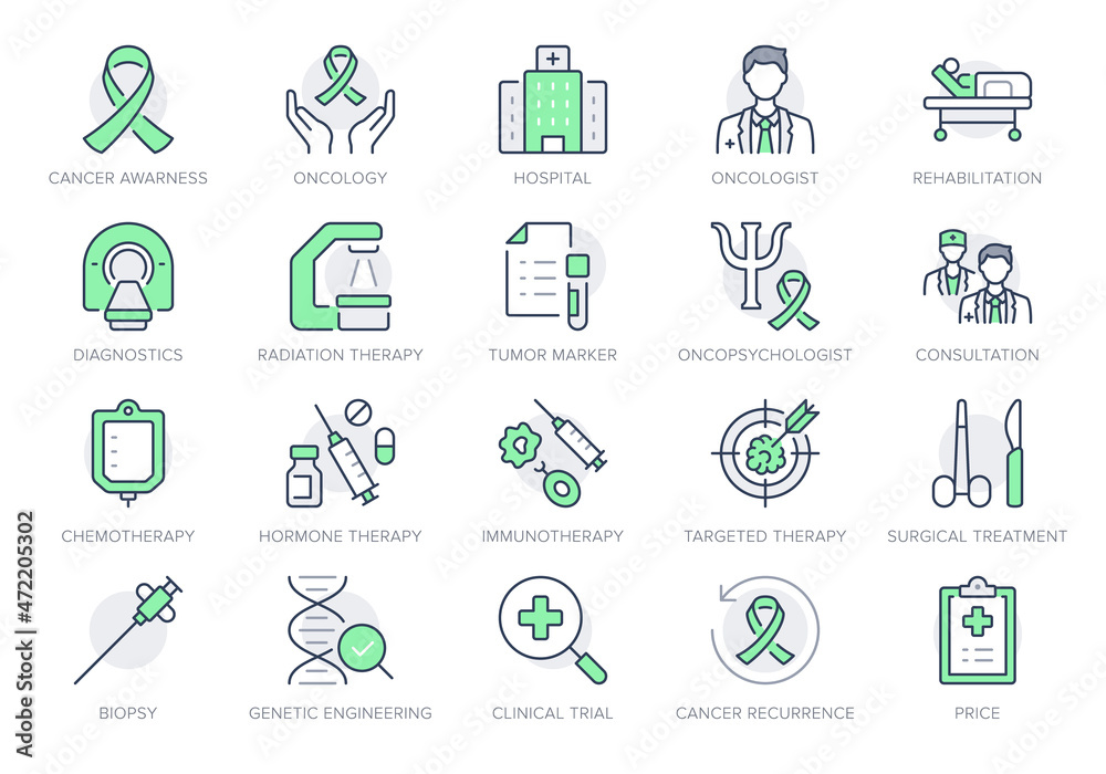 Cancer treatment line icons. Vector illustration include icon ...