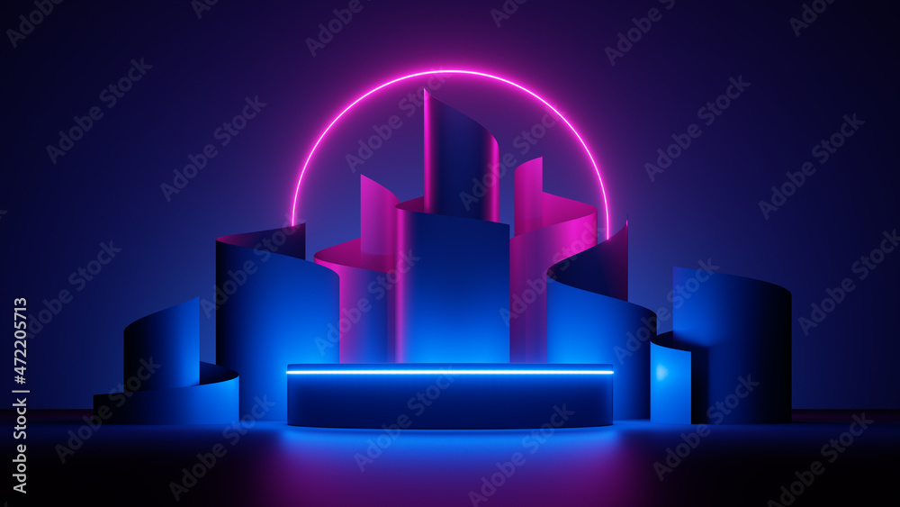 3d render, abstract pink blue neon background with vertical paper ...
