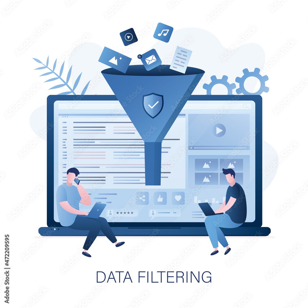 Filtering information from Internet. Users with devices. Laptop with ...