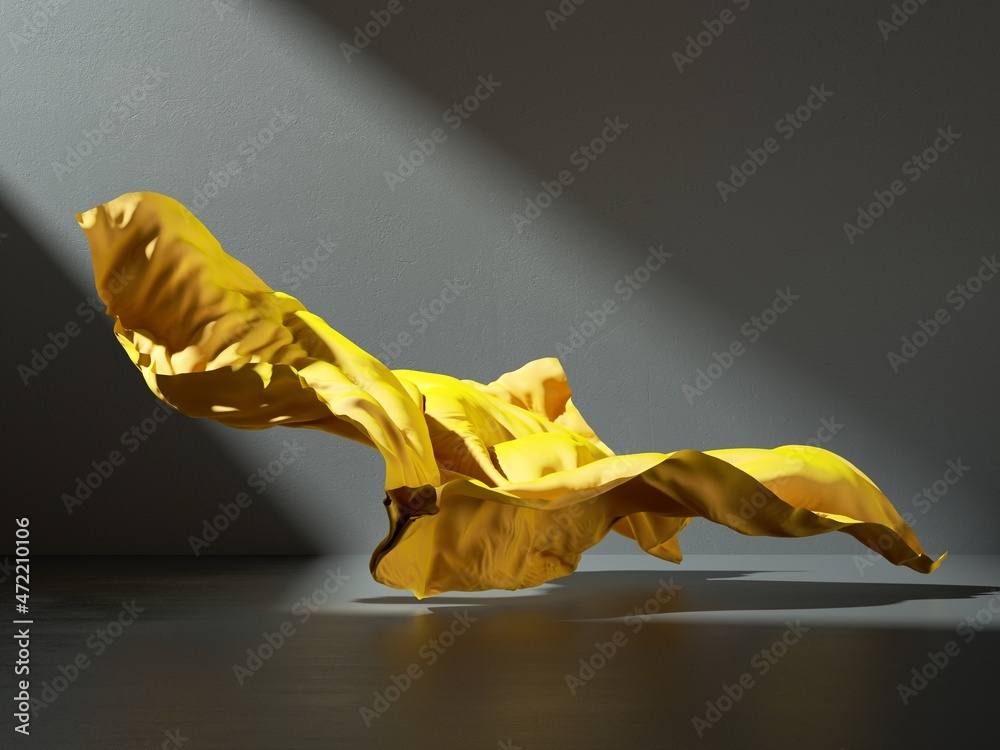 3d render. Abstract fashion background with yellow fabric cloth falling ...