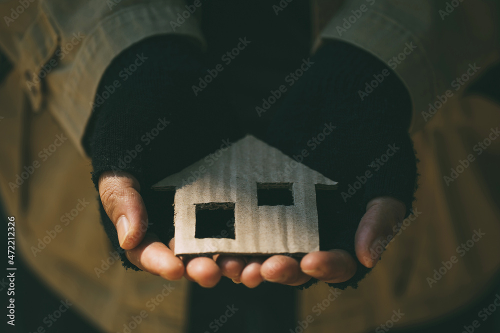 Poster Poor tired depressed hungry homeless man holding a cardboard ...