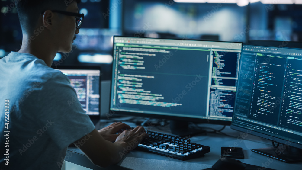 Night Office: Young Handsome Man in Working on Desktop Computer ...