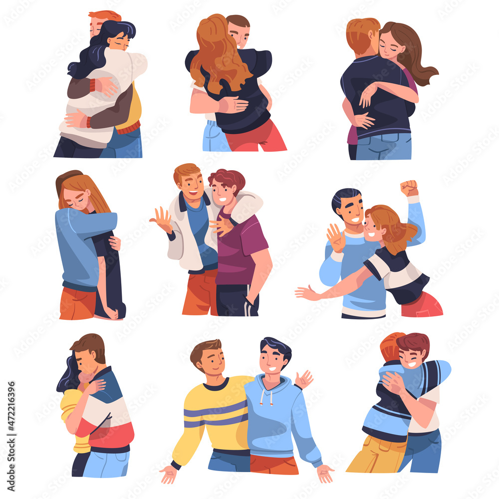People Character Hugging and Embracing Each Other Expressing Friendly ...